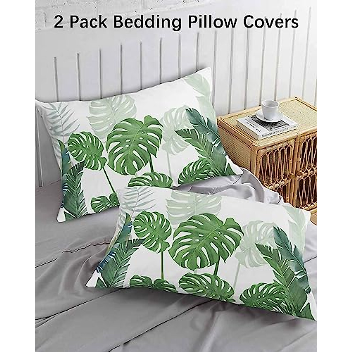 Edwiinsa Teal Tropical Leaves Pillow Covers Queen Size Set of 2 20x30 Bed Pillow, Farmhouse Turquoise Summer Leaf Plush Soft Comfort for Hair/Skin Cooling Pillowcases with Envelop Closure