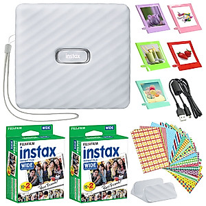 Fujifilm Instax Link Wide Smartphone Printer + Fuji Instax Film Value Pack (40 Sheets) Accessories Frames Bundle (Ash White)