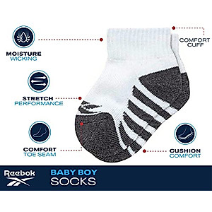 Reebok Girl's 6 Pack, 12 Pack Comfort Cushion Quarter Cut Socks (Infant/Toddler), Size 12-24 Months, White (6 Pack)