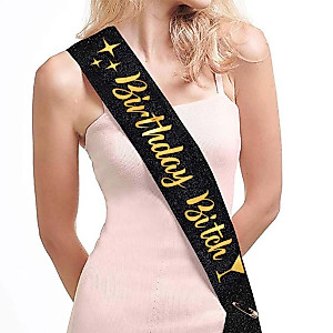 LATFZ 'Birthday Bitch' Sash, Crown Tiara & Party Supplies Kit - Black Glitter Sash, Women's Birthday Gifts