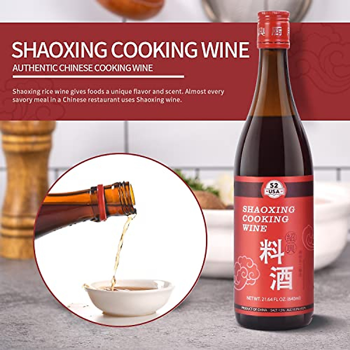 52USA Shaoxing Cooking Wine 21.64 fl oz, Chinese Asian Cooking Wine, Shao Hsing Rice Wine, Shaoxing Rice Wine, Hsing Rice Wine, Fermented Rice Wine, Homemade Asian Cooking