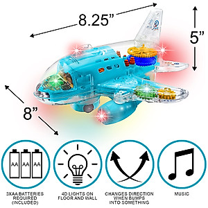 ArtCreativity Light-Up Transparent Airplane Toy for Toddlers 1-3, Fun Bump-and-Go Plane Toy for Kids 3-5, with Colorful Moving Gears, Music, and LED Effects - Perfect Airplane Gift for Boys and Girls