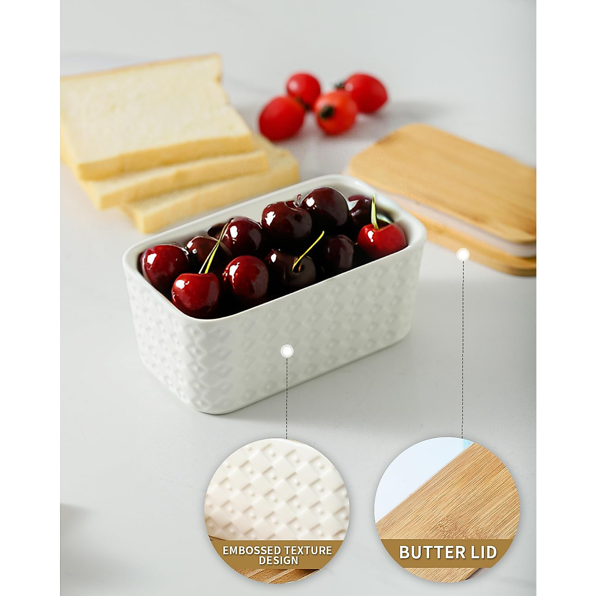 Hasense Large Butter Dish with Lid for Countertop - Farmhouse Ceramic Butter Container Holder with Cover for Fridge,Silicone Sealing,White Embossed Pattern,Holds Two Sticks of Butter