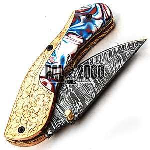 PAL 2000 HUNTING KNIVES FPK-9779 Folding Hunter Damascus Steel Pocket Knife with Sheath Handmade