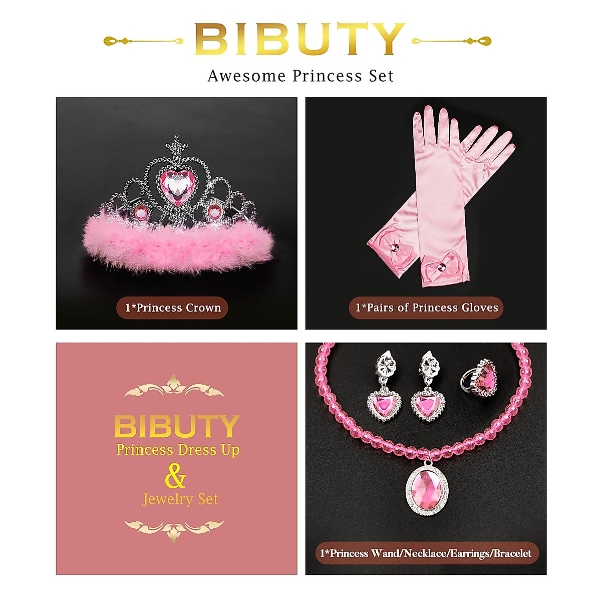 Princess Dress Up Accessories Princess Gloves, BIBUTY 7pcs Dress Up Set for Toddler Girls with Princess Crown, Wand, Gloves, Necklace, Earrings, Bracelet and Ring, Costume Toys for 3-6 yr Little Girls