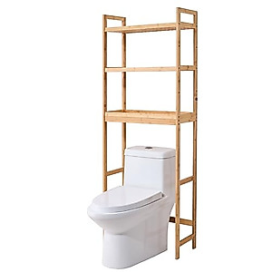 VEVOR Over The Toilet Storage, 3-Tier Adjustable Over Toilet Bathroom Organizer, Bamboo Storage Shelf Rack with 3 Hooks, Freestanding Easy Assembly Laundry Space Saver, Fit Most Toilets