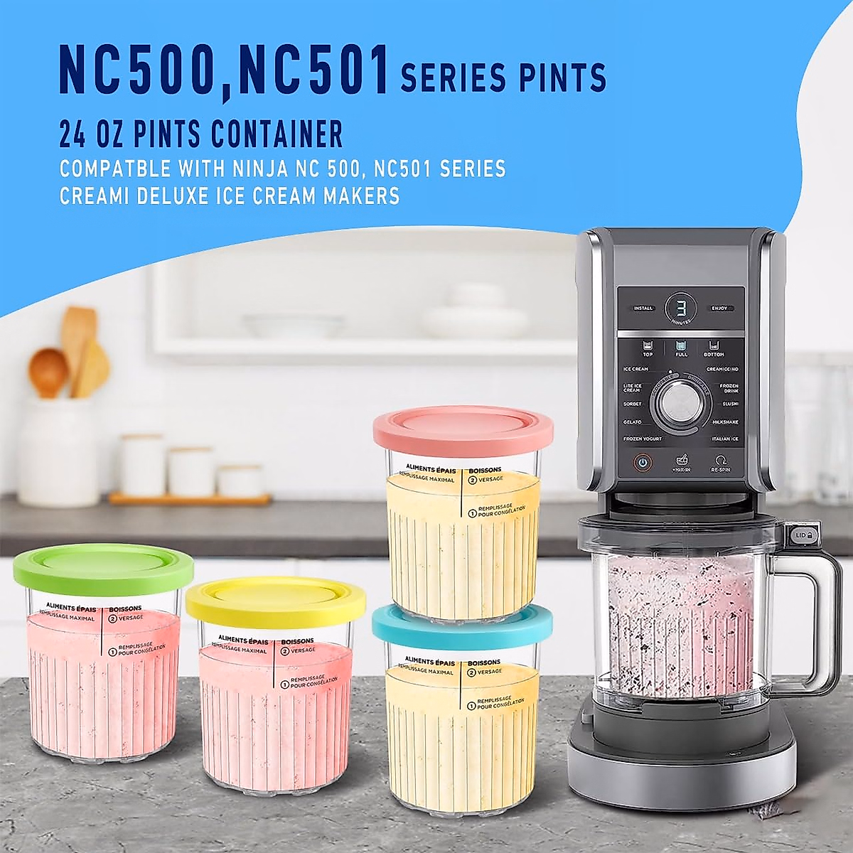 Mellonari Creami Pints for Ninja with Lids, 4 Packs, 24 oz Compatible with NC-500 & NC501, Pink-Yellow-Blue-Green, MNJ-796