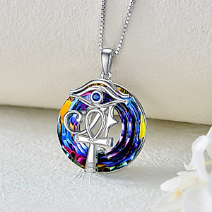POTOPYY Eye of Horus Necklace Ankh Pendant S925 Sterling Silver Egypt Protection Multicolor Crystal Pendant Coptic Ankh Religious Necklace for Women