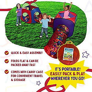 Playz 4pc Pop Up Children Play Tent w/ 2 Crawl Tunnel & 2 Tents - Kids Tents for Boys, Girls, Babies & Toddlers for Indoor & Outdoor - Large Children Playhouse Ball Pit w/Storage Case