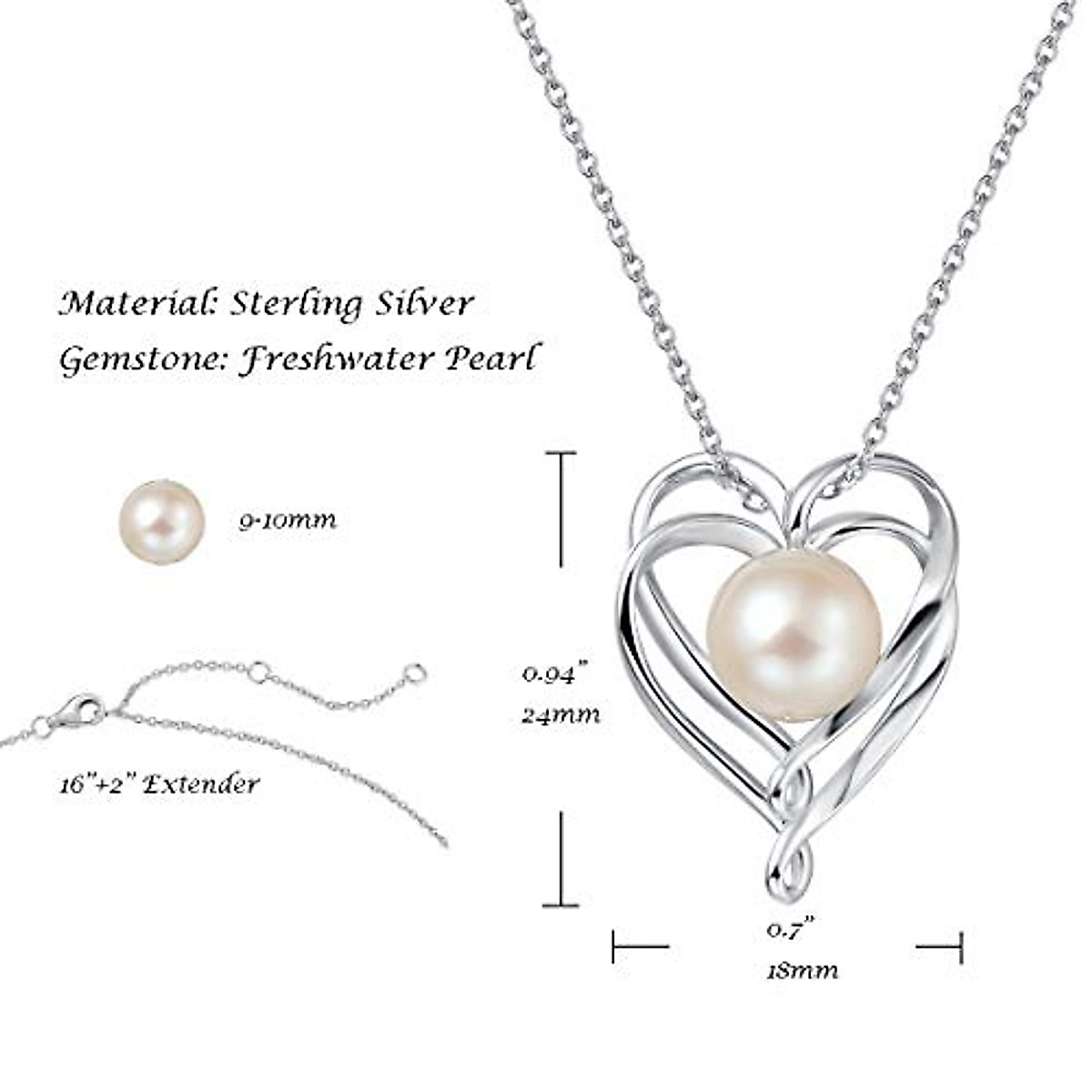 FANCIME June Birthstone Pearl Necklace 925 Sterling Silver Double Heart Necklace with Genuine Quality 9-10mm Freshwater Cultured Pearls Bridal Wedding Pearl Jewelry for Women