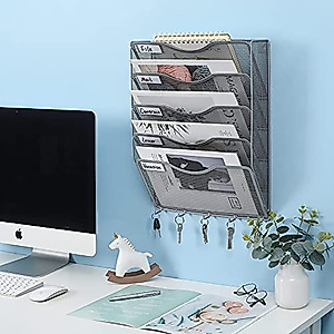 EasyPAG Wall Mount File Organizer with Key Hooks 5 Pocket Vertical Mesh Hanging Wall File Holder Magzine Paper Folders Rack for Office and Home,Silver
