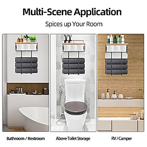 Wall Mounted Towel Racks for Bathroom, Natural Wood Shelf-Metal Basket Set, Black Bath Wall Towel Holder, Towel Storage Organizer for Small Bathroom, Tiered Vertical Storage Rack for RVs,Camper,Toilet