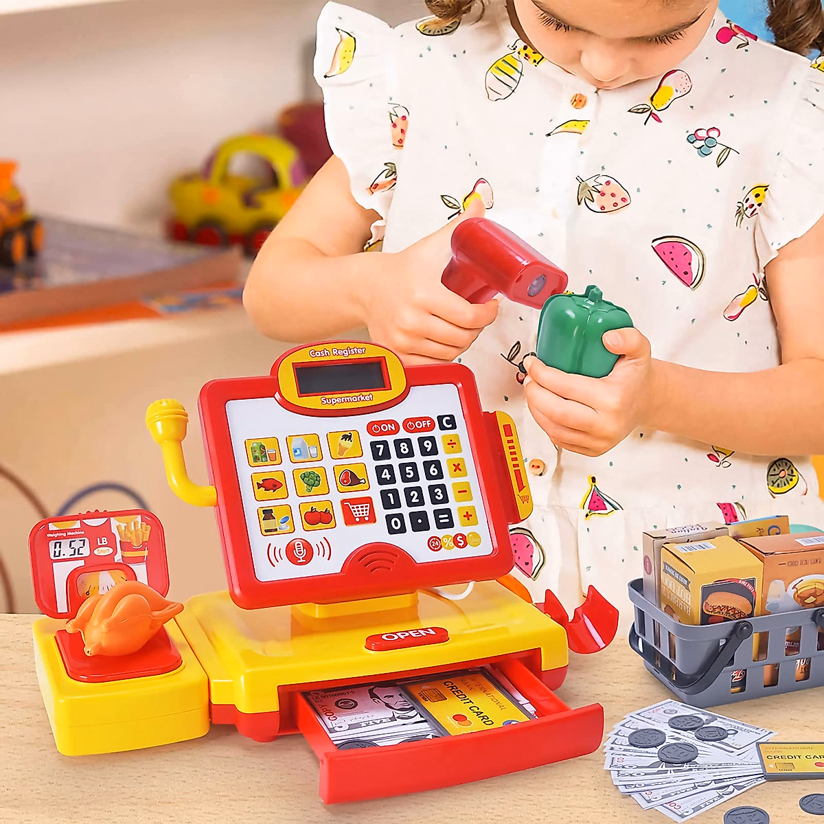 FS Pretend Play Cash Register Toy with True Barcode Scanner & Calculator, Microphone, Play Food, Supermarket Cashier, Great Pre-School Gift Cash Register for Kids Boys & Girls, Ages 3 4 5 6 8