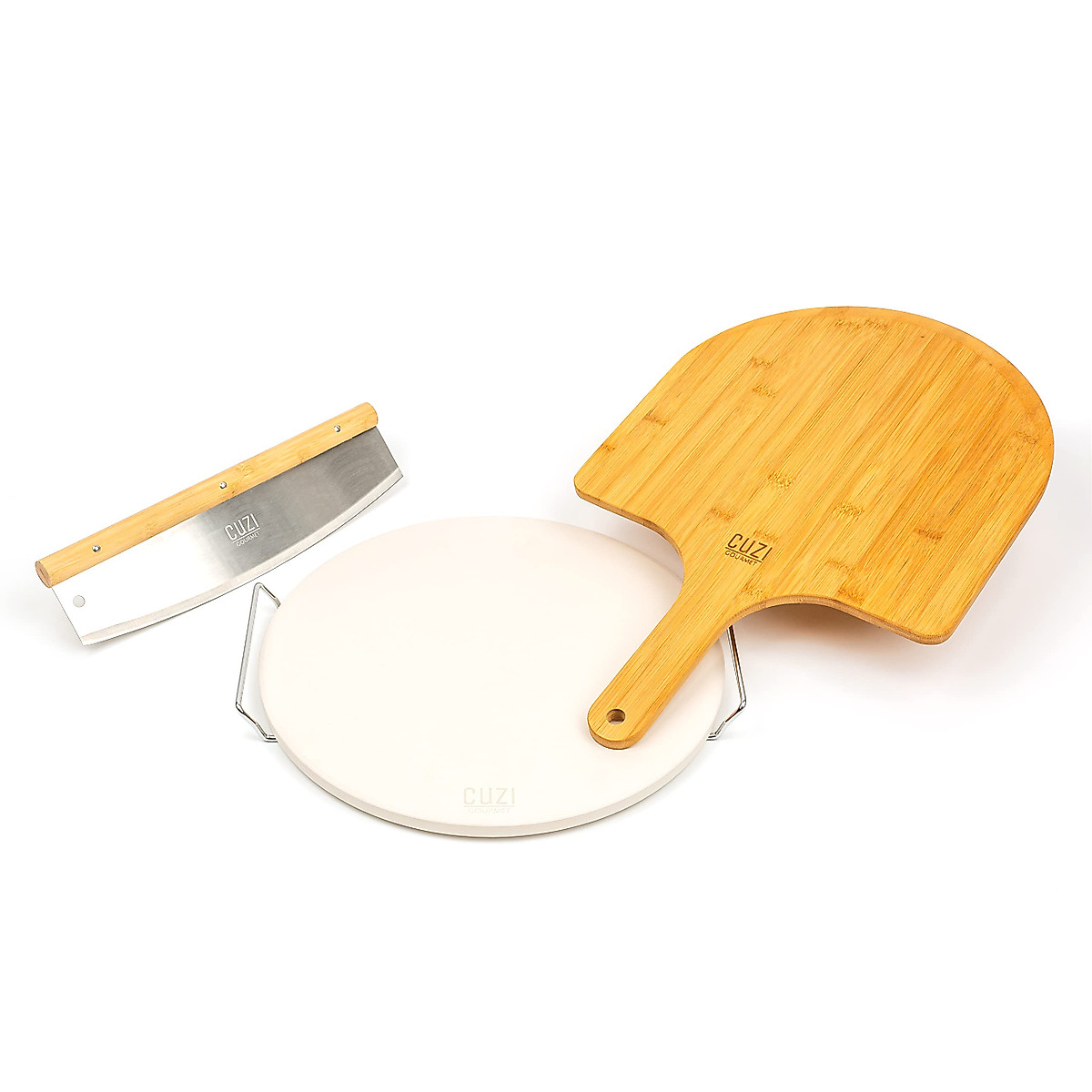 Cuzi Gourmet 4-Piece Large Pizza Stone Set - 13" Thermal Shock Resistant Cordierite Pizza Stone with Handle Rack, 19" Natural Bamboo Pizza Peel & Pizza Cutter - Large Baking Stone for Grill and Oven