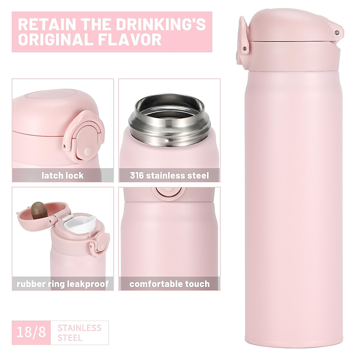 MUCR 17 oz / 500 ml Insulated Water Bottle, Stainless Steel Thermo Coffee Travel Mug, Thermal Cup with Snap Flip Lid, BPA Free for Hot and Cold Drinking, Pink