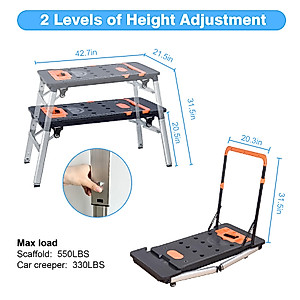 LEADALLWAY 7-in-1 Folding Portable Workbench Painted Work Table as Workbench, Scaffold,Platform,Sawhorse,Car Creeper and Hand Truck with 4 Wheels, Black