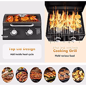 Grill Portable Gas Grill, Small Foldable Tabletop Propane BBQ Griddle w/Grease Tray, Thermometer, 20,000 BTU / 243 Sq.in Cooking Area, 2 Burner Gas Grill for Outdoor Camping, Tailgating, Picnic