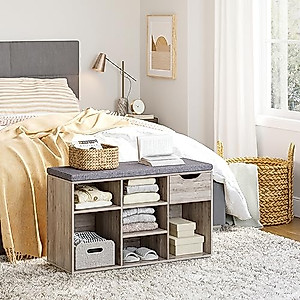 DINZI LVJ Shoe Bench,Entryway Storage Bench with Drawer and 8 Cubbies,Cubby Rack Adjustable Shelves,Shoe Organizer Cabinet for Living Room,Bedroom,Mudroom,Closet Garage,Greige (M04XD01XY01-1)