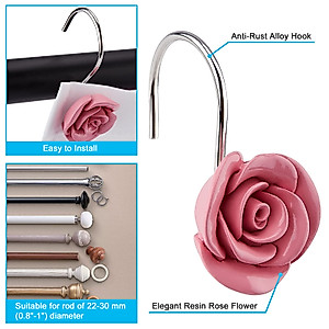 AGPTEK Rose Shower Curtain Hooks, 12PCS Anti Rust Decorative Resin Hooks for Bathroom, Baby Room, Bedroom, Living Room Decor (Pink Rose)