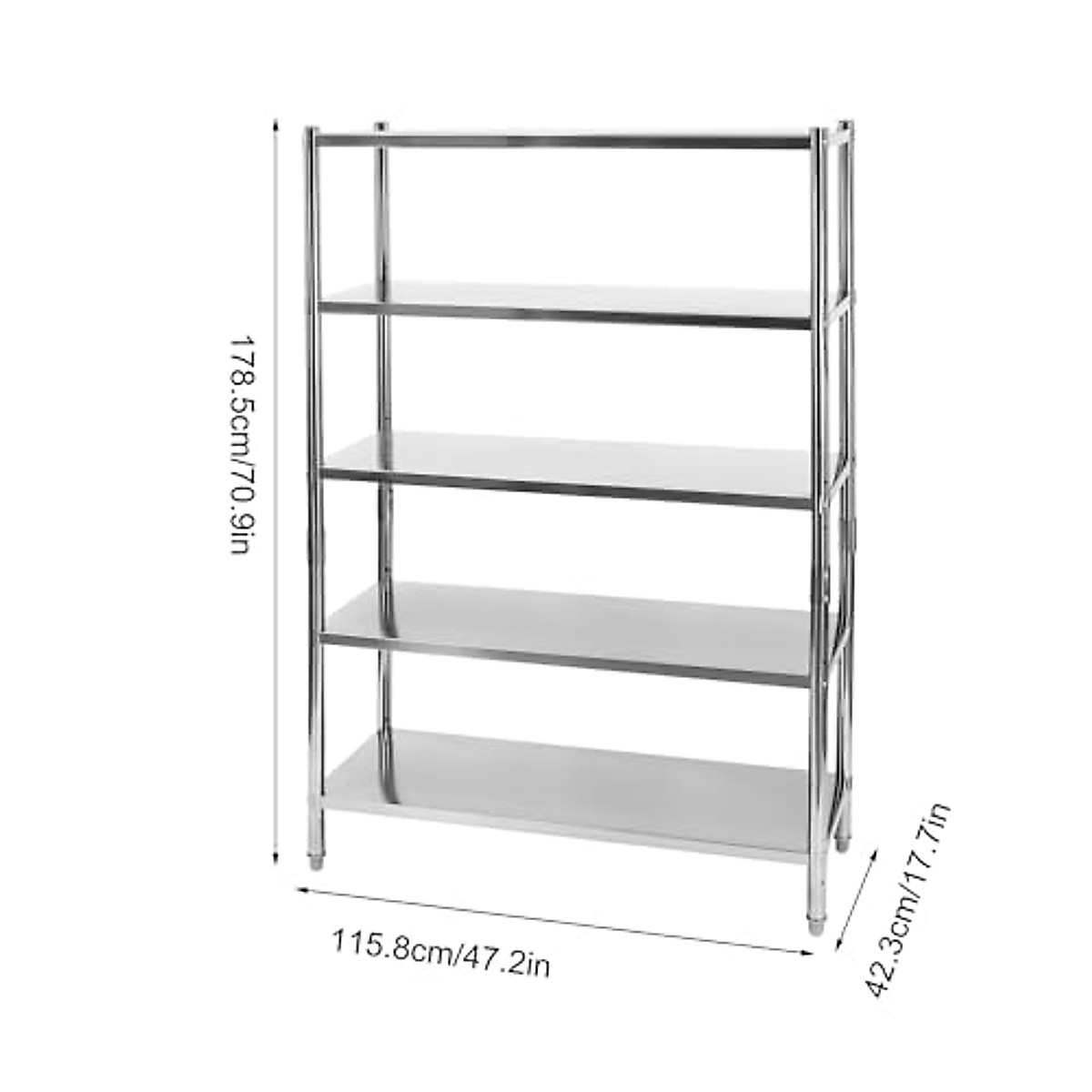 YUMIONB Stainless Steel Shelving, 5 Tier Floor Standing Stainless Steel Shelving Stainless Steel Heavy Duty Shelving Commercial Shelving with Adjustable Hight for Home, Supermarkets, Warehouses