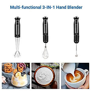 SOLTRONICS 3-in-1 Hand Blender, 3-in-1, 8-Speed 500 Watts Stick Blender with Milk Frother, Egg Whisk for Smoothies, Coffee Milk Foam, Puree Baby Food, Sauces and Soups, BPA-Free, Black