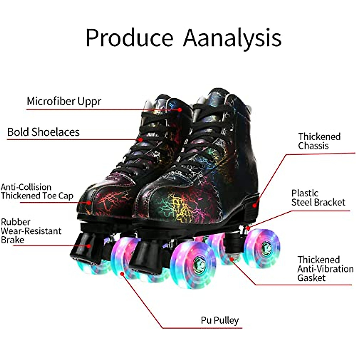 LEAFIS Roller Skates Classic High-top for Adult Outdoor Skating Light-Up Four-Wheel Roller Skates Shiny Roller Skates for Women (Lightning Black Flash Wheel,38 / US 6.5)