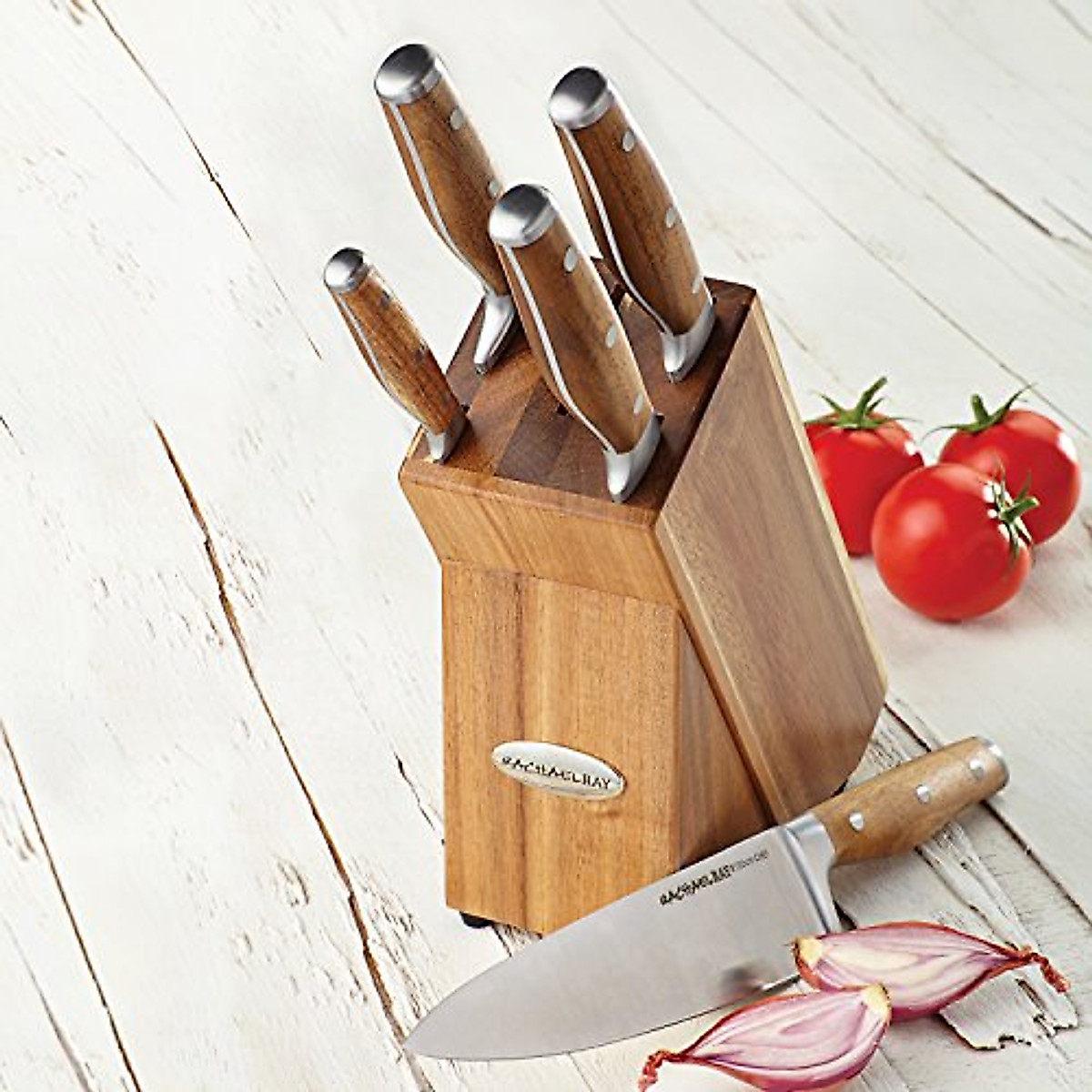 Rachael Ray Cucina 6-Piece Japanese Stainless Steel Knife Block Set with Acacia Handles