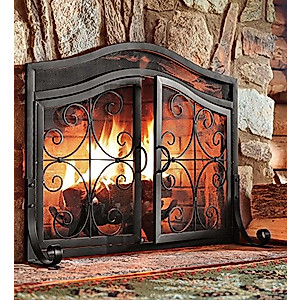 Plow & Hearth Metal Fireplace Screen Crest Arch Black | 44" W x 33" H | 2 - Door | Spark Guard Indoor Grate | Iron Fire Place Cover | Wood Burning Stove Decorative Accessories
