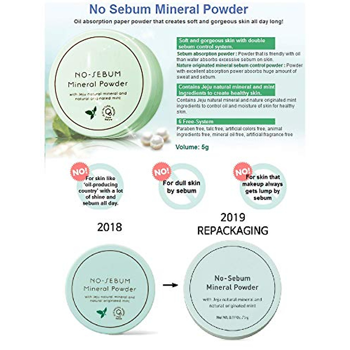 SoltreeBundle 2pcs No Sebum Mineral Powder 5g Korea Skincare with SoltreeBundle Oil Blotting Paper 50pcs