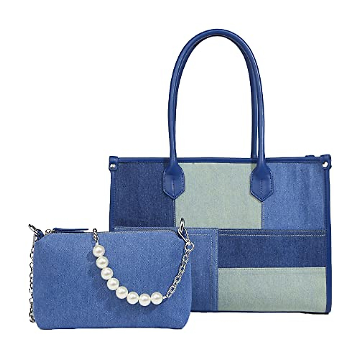 GLOD JORLEE Stylish Large Tote Bags for Women, Large Denim Shoulder Tote Handbags with a Small Denim Purses(Blue)