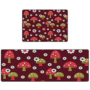 Kuizee Kitchen Mat Set of 2 Pieces Anti Fatigue Rugs Mushrooms Daisy Retro Dark Red Soft Water Absorbent Non-Slip Standing Mats Kitchen Decor Floor,17.7"x 29" +17.7"x58"