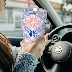 AYCZN Blue Pink Plaid 20 OZ Tumbler Stainless Steel Travel Coffee Mug, Vintage Check Insulated Water Bottle with Lid and 2 StrawsLeakproof Thermal Cup