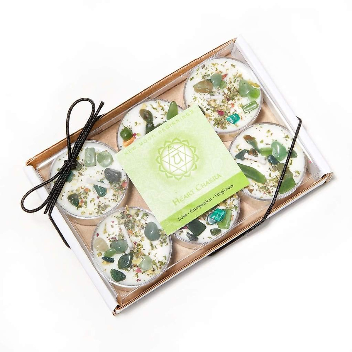Heart Chakra Candle by New Moon Beginnings - Chakra Candles - Dried Flower, Herb, & Crystal Candles - Aromatherapy Candles - Soy Candle - Set of 6 Tealights