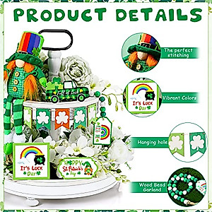 10 Pieces St. Patrick's Day Decorations Including Gnome Tiered Tray Decor Lucky Wood Flag Wooden Bead Garland for Irish Saint Party Tabletop Home Kitchen Decor, Classic Shamrock Style