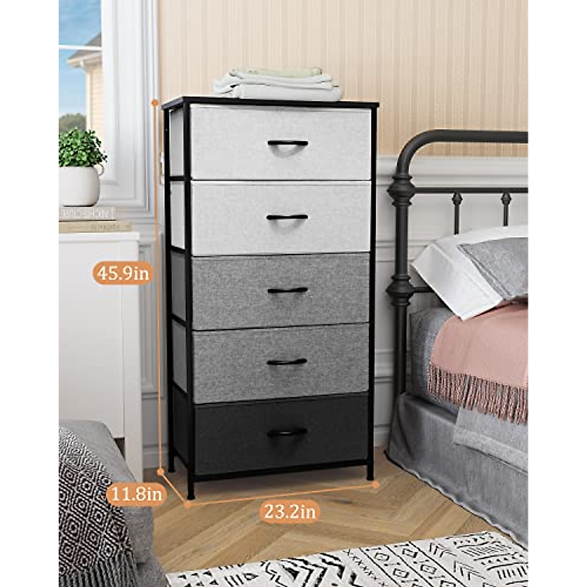 JOINHOM Dresser Storage Tower with 5 Drawers, Fabric Tall Dresser Drawer for Bedroom, Office, Entryway, Living Room and Closet- Sturdy Steel Frame, Easy Pull Bins & Wooden Top