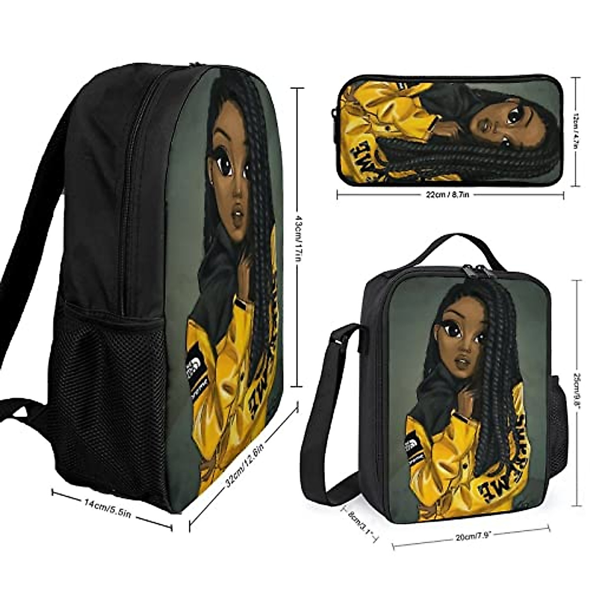 FDASLJ African American Black Girl Backpack 3 in 1 Book Bag Daypack with Lunch Bag/Box Pencil Case