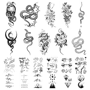 JINYOUS 22 Sheets Realistic Temporary Tattoo, 10 sheets Sexy Snake Fake Tattoos Stickers, Floral Peony Rose Tribal Viper Snake Temporary Tatoos For Women Men Adults Body Art Forearm Arm Leg