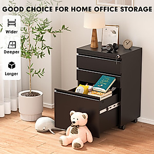 Pataku 3 Drawer Mobile File Cabinet with Lock, Under Desk Metal Filing Cabinet for Legal/Letter/A4 File, Fully Assembled Rolling File Cabinet Except Wheels, Black
