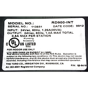 Irritrol Rain Dial RD900-INT-R 9 Station Indoor Irrigation Controller