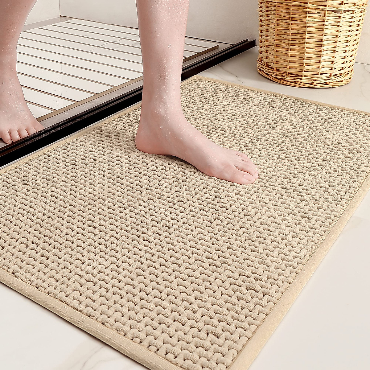 Color&Geometry Beige Chenille Bathroom Rugs- Non Slip, Absorbent, Quick Dry, Thin, Washable- 16"x24" Small Bath Mat Carpet Bath Rugs for Bathroom Floor, Shower, Sink, Vanity