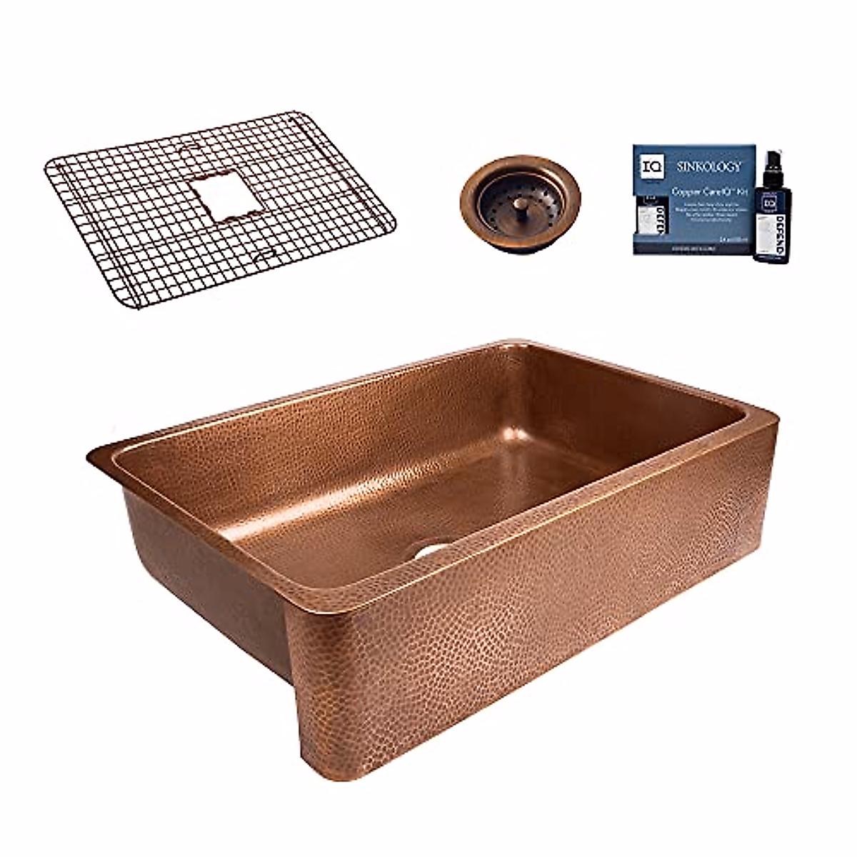 Sinkology K614-B66 Lange Farmhouse/Apron-Front 32 in. Single Bowl Grid, Strainer Drain, and Care Kitchen Sink Kit, 32 inch, Antique Copper