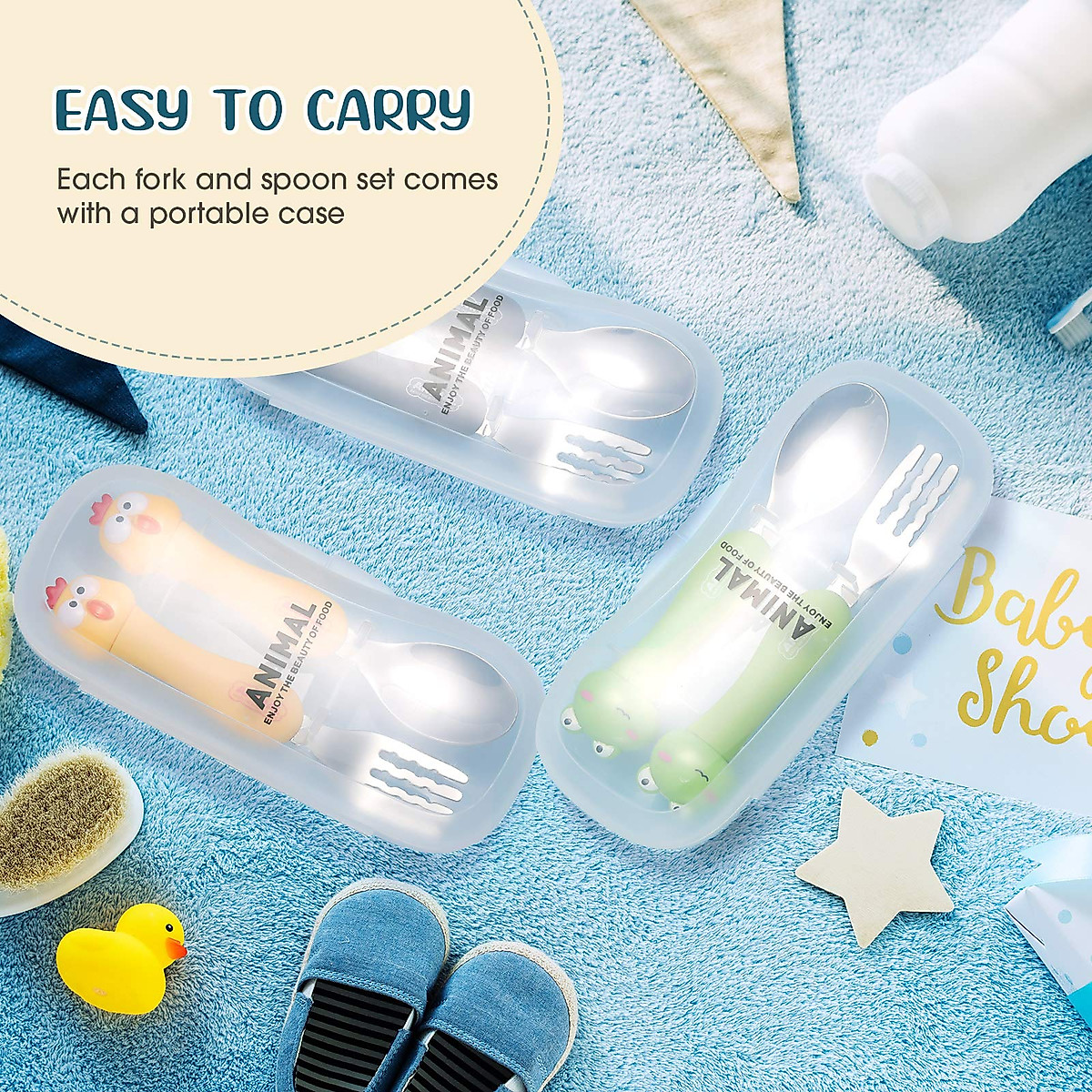 6 Pieces Toddler Utensils Baby Spoon Fork Set Toddler Flatware Set with Travel Case Baby Feeding Training Spoons Forks with Cute Cartoon Handle Stainless Steel Baby Angled Spoons for Age Over 6