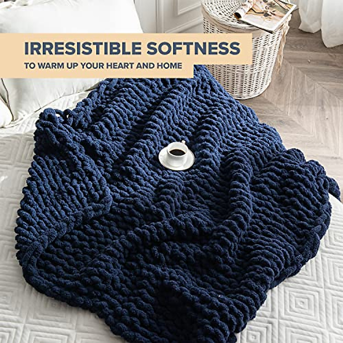 Chunky Knit Blanket Throw - 50"x60" 3.7 lbs. - Soft Chenille Yarn Knitted Blanket - Machine Washable Crochet Blanket - Handmade Cable Knit Throw Blanket for Couch, Bed (Navy Blue)