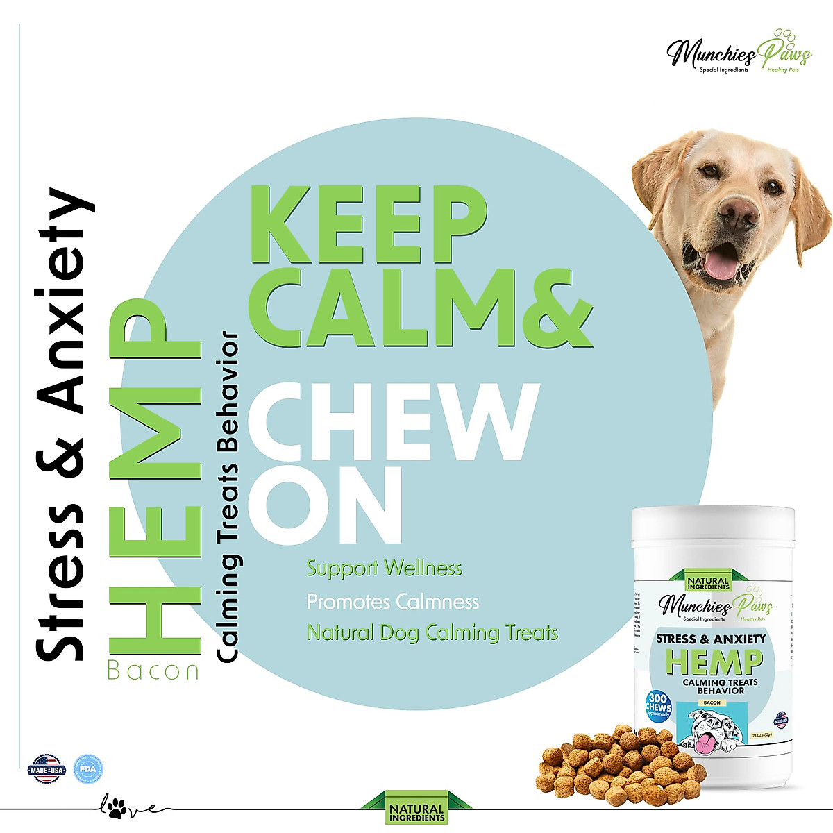 Munchies Paws Dog Treats Stress Relief Made in USA Stress and Anxiety Organic Hemp 300 Count (Bacon)