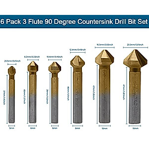 Aracombie 6 Pack 3 Flute 90 Degree Countersink Drill Bit Set, Titanium HSS Chamfering Tool Set Metric End Mill Cutter Bits, Deburring Chamfering Bit for Metal, Wood, Aluminum, Stainless Steel