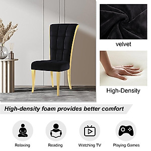 Asday Black and Gold Dining Chairs Set of 4, Black Velevt Upholstered Kitchen Chair with Metal Ring Pull, High Back Dining Chairs with Gold Stainless Steel Legs