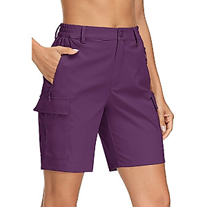 MAGCOMSEN Women's Hiking Shorts Lightweight Quick Dry Golf Shorts Pockets 7" Cargo Shorts Outdoor Casual Travel Purple Red, M