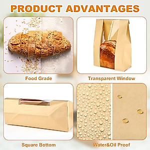 ROLYTA 50 Pack Bread Bags for Homemade Bread,Large Kraft Paper Loaf Bag with Window and Label Seal Stickers,13.8x8.3x3.94 Inch Large Kraft Paper Bakery Bag for Baked Toast Food Packing Storage