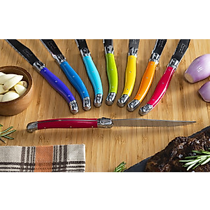 French Home Laguiole 8-Piece Steak Knife Set – Sophisticated Stainless Steel Dinner Knives with Rainbow Handles & Iconic Bee Emblem – Serrated Knives for Smooth Cutting (9.25")
