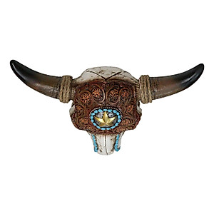 Ebros 13.25" Wide Western Star Tooled Leather Steer Bison Buffalo Bull Cow Horned Skull Head With Turquoise Beads Wall Mount Decor Replica Native Animal Totem Bust Skulls Hanging Plaque Sculpture